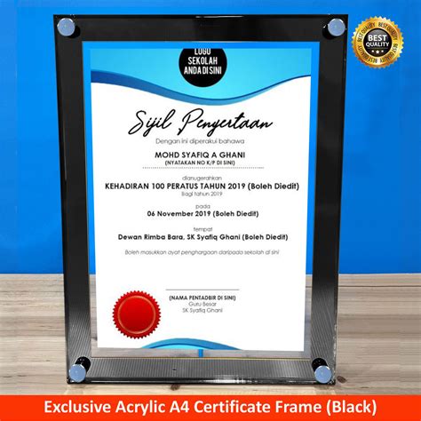 5146 Acrylic A4 Size Certificate Frame Black Itrophy