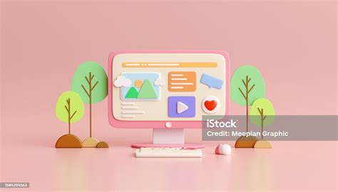 3d 렌더링 그림 분홍색 배경에 채팅 키보드 이모티콘 알림 아이콘이 있는 컴퓨터 바탕 화면 3차원 형태에 대한 스톡 사진 및 기타 이미지 Istock