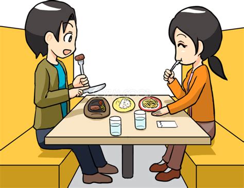 ファミレスやレストランで食事をする男性と女性 無料イラスト 素材good