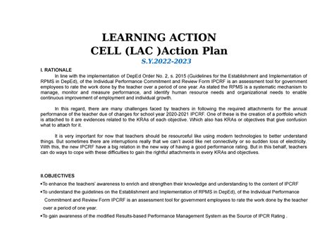 Lac Plan Template 2021 Action Plan Learning Action Cell Lac Action Plan S Y I Rationale
