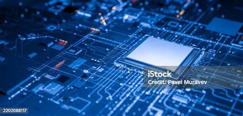 전자 부품 마이크로 프로세서 기술 배경 클로즈업 하이테크 집적 회로 디지털 미래 인공 지능 하드웨어가있는 파란색 회로 기판에