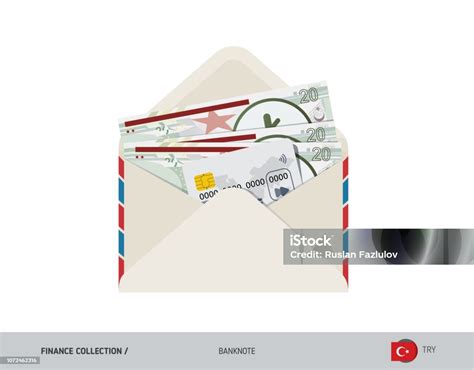 20 터키 리라 은행권입니다 평면 스타일 현금 봉투를 열었다 터키 리라 은행권 및 신용 카드 급여 지급 또는 은행 트랜잭션 개념