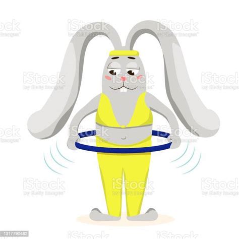 흰색 배경에 고립 된 그의 손에 훌라 후프와 스포츠를 재생 재미 통통한 토끼의 벡터 그림 T 셔츠에 대한 스톡 벡터 아트 및