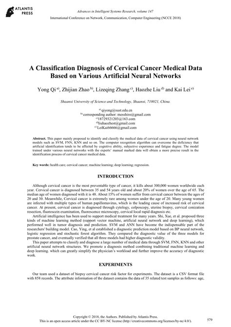 Pdf A Classification Diagnosis Of Cervical Cancer Medical Data Based On Various Artificial