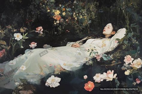 Ai创作图唯美人物油画 史湘云醉卧芍药裀 人物风景花卉油画 Tif唯美油画 蝶恋花油画 油画写意梦幻 油画少女 江南美女油画 花丛中少女 唯美