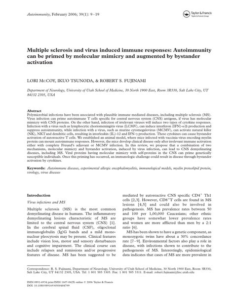 Pdf Multiple Sclerosis And Virus Induced Immune Responses