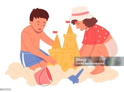 아이들은 해변에서 모래성을 만듭니다 건물과 깃발 고대 요새를 가진 소년과 소녀 더운 날씨 여름철 해안선에서 야외 레저 및 활동 만화 평면 벡터 일러스트 레이 션 다중 색상에