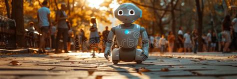 A Small Delivery Robot Walks Confidently Down A Busy City Street Lined With A Crowd Of People