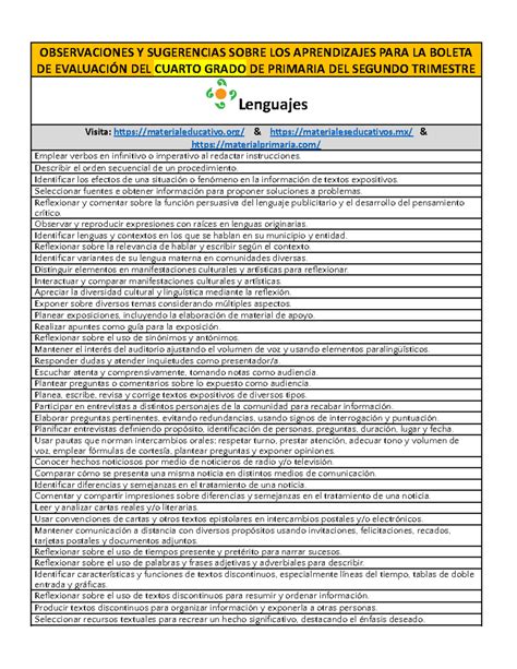 Observaciones Sugerencias Boleta 4to Grado 2do Trimestre NEM