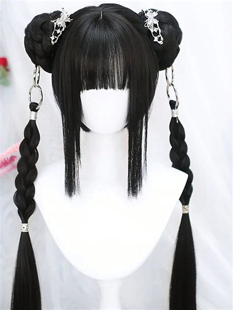 뱅스가 있는 내열성 스트레이트 검정색 할로윈 드레스업 가발 더블 포니테일 휴일 가발로 귀여운 모습 연출 2025 앞머리 가발 머리카락 그리기 헤어 영감