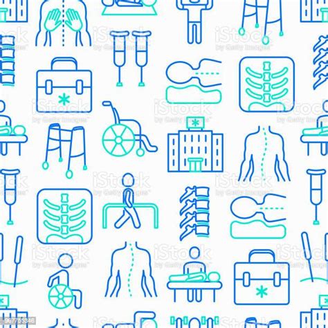 얇은 선 아이콘으로 물리 치료 완벽 한 패턴 재활 물리 요법가 침술 마사지 보행기 척추 X 선 외상 목 발 휠체어입니다 벡터 일러스트입니다 물리치료에 대한 스톡 벡터 아트