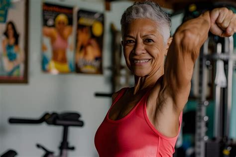 A Woman In A Red Tank Top Is Smiling And Flexing Her Arm Premium Ai