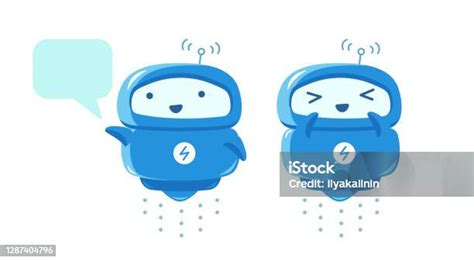 로봇 마스코트 작은 파란색 비행 스마트 문자 인공 지능 챗봇 메시지를 지원합니다 만화 벡터 평면 일러스트레이션 로봇에 대한 스톡