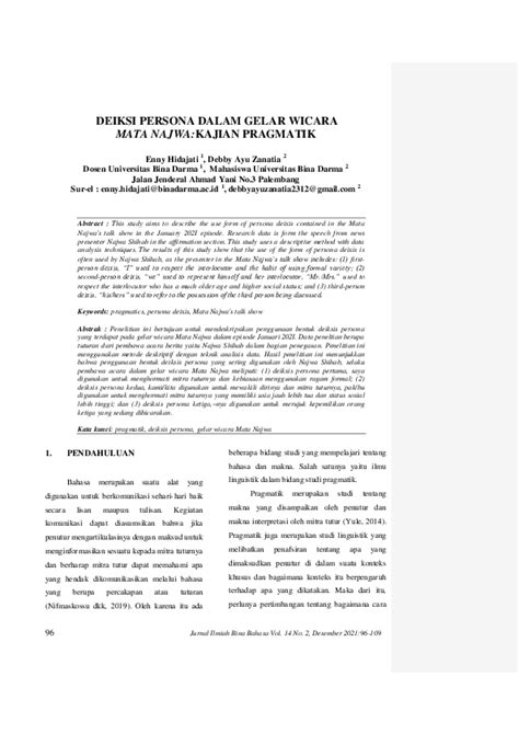 Pdf Deiksis Persona Dalam Gelar Wicara Mata Najwa Kajian Pragmatik