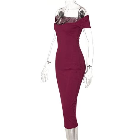 WEANIA Women Elegant Rib Sexy Off Shoulder Sheath Midi Dress Shopee