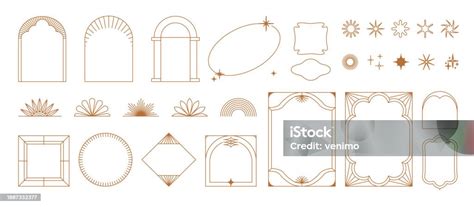 간단한 선형 스타일의 디자인 요소 및 일러스트레이션 벡터 세트 Boho 아치 및 테두리 로고 디자인 요소 및 소셜 미디어 스토리