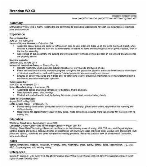 Assembler 2 Brazer Resume Example
