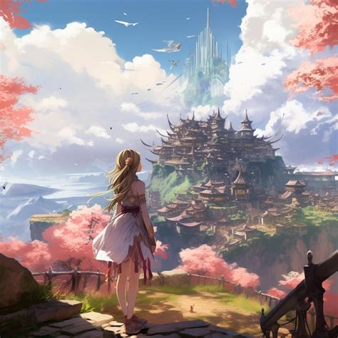 Premium Photo Anime Girl Standing On A Path Looking At A Castle In