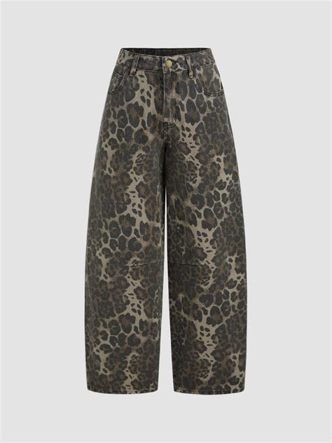 Cider Denim Low Rise Leopard Barrel Leg Jeans For Music Festival Live House