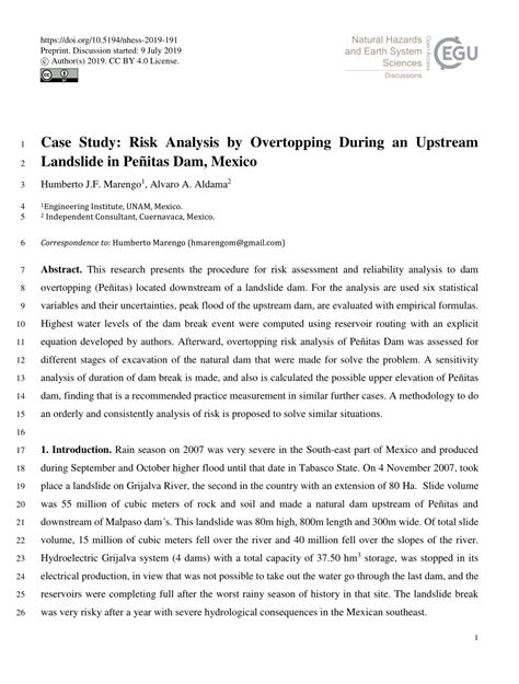 PDF Case Study Risk Analysis by Overtopping During an Upstream Landslide in Peñitas Dam Mexico