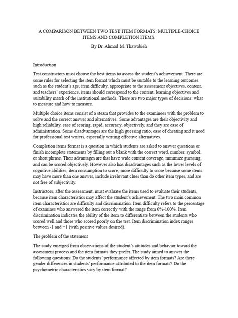 A Comparison Between Two Test Item Formats Pdf Multiple Choice Educational Assessment