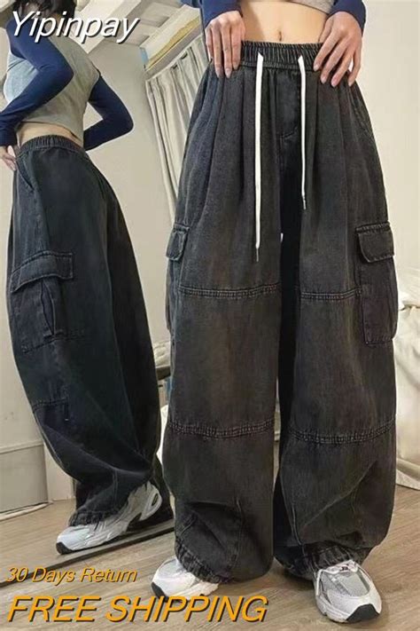Yipinpay Harajuku Cargo Baggy Blue Jeans Streetwear Hip Hop Oversize Casual Wide Leg Vintage Demi