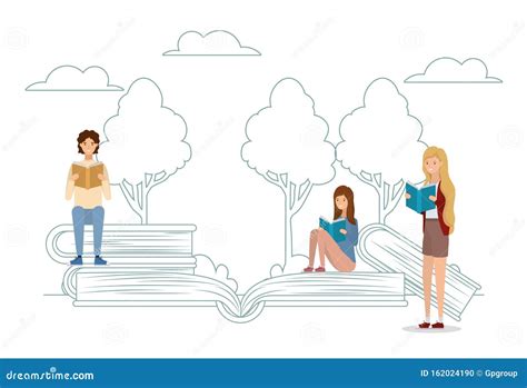 Group Of Students Reading Books In The Park Stock Vector Illustration