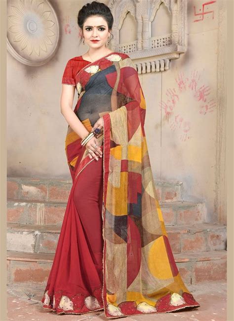 Abstract Print Multi Colour Faux Georgette Printed Saree Saree