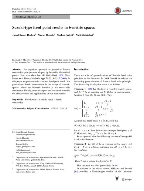 PDF Suzuki Type Fixed Point Results In B Metric Spaces
