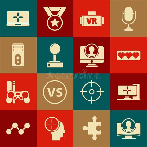 Set Create Account Screen Computer Monitor Like And Heart Virtual Reality Glasses Joystick