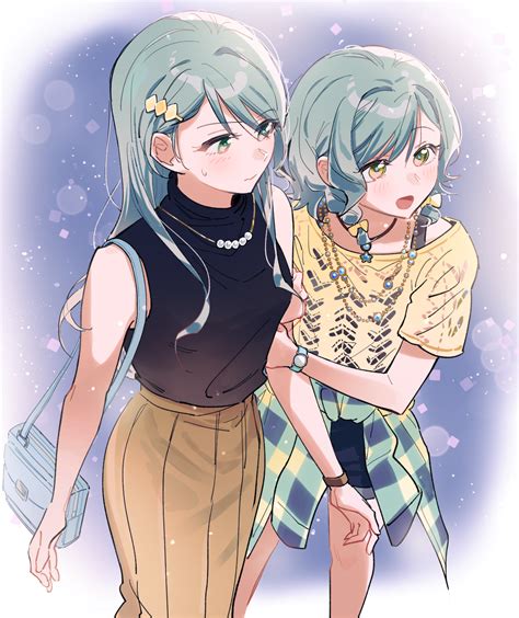 Safebooru 2girls Aqua Eyes Aqua Hair Arm Grab Bag Bang Dream Bare