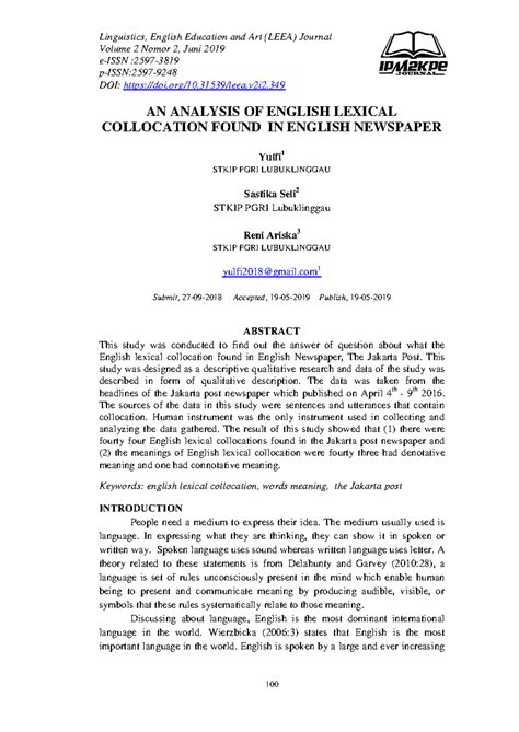 An Analysis Of English Lexical Collocation Found Linguistics English Education And Art Leea