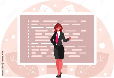 Display Screen With Program Code Workplace Of A Programmer Standing And Smiling Businesswoman