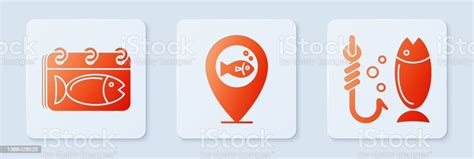 위치 낚시 물고기와 낚시달력을 설정합니다 흰색 정사각형 버튼 벡터 낚시바늘에 대한 스톡 벡터 아트 및 기타 이미지 낚시바늘 로고 1월 Istock