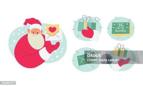쾌활 한 산타 클로스의 현대 평면 벡터 일러스트 레이 션을 설정 종이 시트에 하트로 열린 봉투에 제스처를 표시 빨간 옷을 입고 다양한 크리스마스 배지 선물 상자 달력 봉투