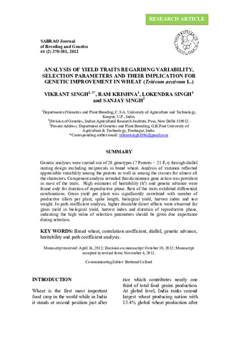 Pdf Analysis Of Yield Traits Regarding Variability Selection