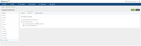 Company Preferences Lot Numbers Seria Order Time