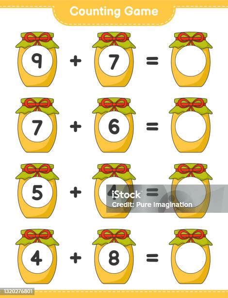 게임을 계산 잼의 수를 계산하고 결과를 작성합니다 교육 어린이 게임 인쇄 워크 시트 벡터 일러스트레이션 0명에 대한 스톡 벡터 아트 및 기타 이미지 Istock
