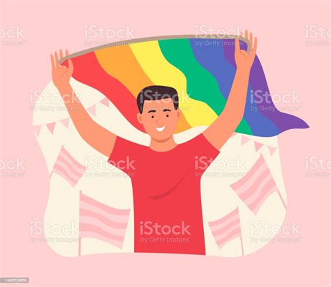 Lgbt 게이 프라이드 축하 컨셉 일러스트레이션을 위해 무지개 깃발을 들고 있는 게이 남자 Lgbtqia 문화에 대한 스톡 벡터