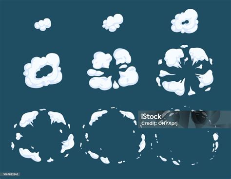 애니메이션을 폭발 합니다 연기 증기 먼지 또는 연기 폭탄 폭발 하는 만화 벡터 효과 연기 물리적 구조에 대한 스톡 벡터 아트 및 기타 이미지 연기 물리적 구조 만화