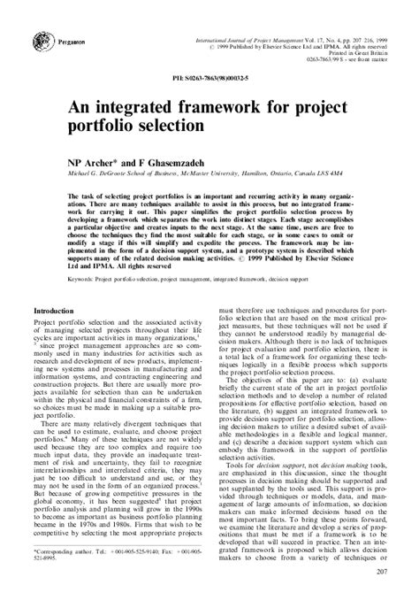 Pdf An Integrated Framework For Project Portfolio Selection