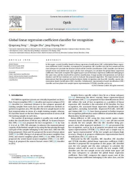 Pdf Global Linear Regression Coefficient Classifier For Recognition