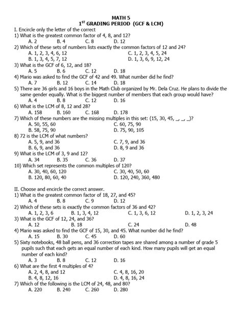 math 5 gcf and lcm pdf elementary mathematics mathematics