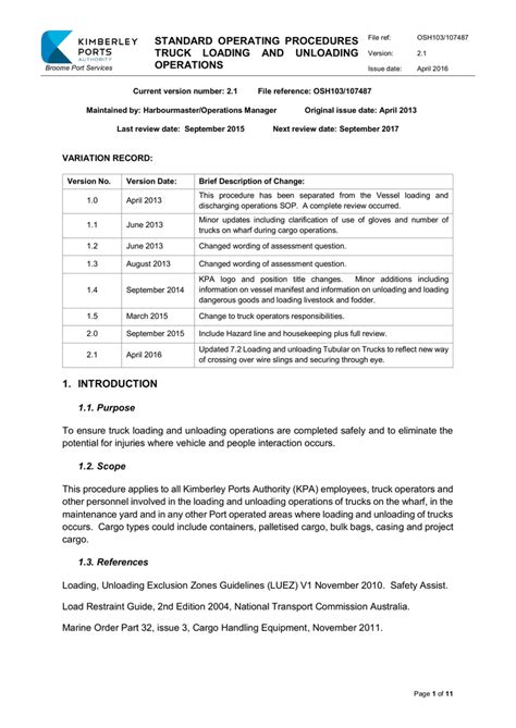 Standard Operating Procedures Truck Loading And