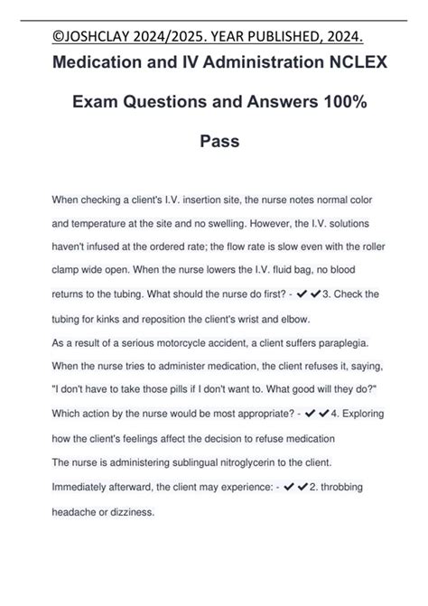 Medication And Iv Administration Nclex Exam Questions And Answers 100 Pass Nclex Stuvia Us