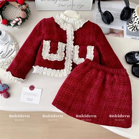 Set dạ tweed đỏ phối ren kèm chân váy cho bé mặc noel Tết 7 18kg