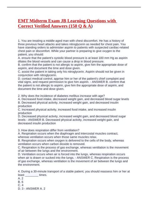 EMT Midterm Exam JB Learning Questions With Correct Verified Answers Q A EMT Stuvia US