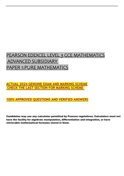 PEARSON EDEXCEL LEVEL GCE As LEVEL MATHEMATICS ADVANCED SUBSIDIARY PAPER PURE MATHEMATICS