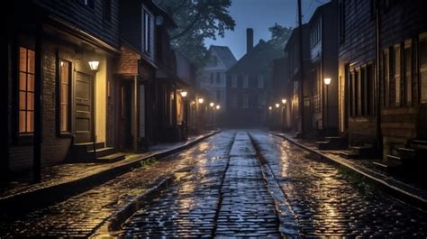 Premium Ai Image Arafed Street With Cobblestones And Street Lights In