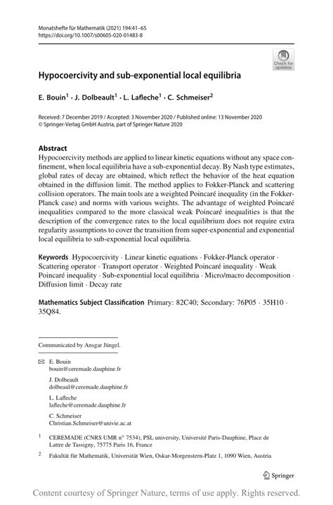 Hypocoercivity And Sub Exponential Local Equilibria Request Pdf